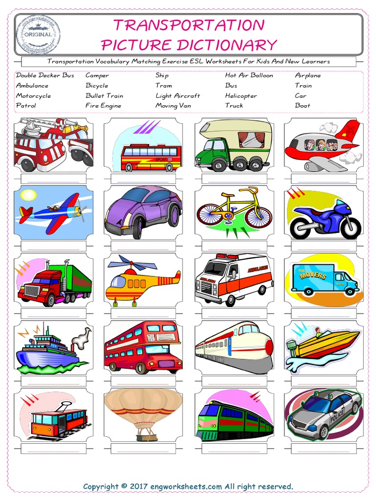 Transportation Vocabulary Matching Exercise ESL Worksheets For Kids and ...