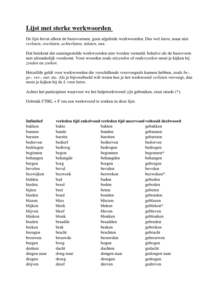 Lijst Sterke Werkwoorden PDF | PDF