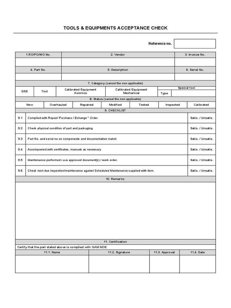 Tool and Equipment Acceptance Check | PDF