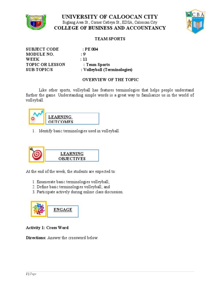 Module 9 Week 10 PE 004 Terminologies of Volleyball | PDF | Volleyball
