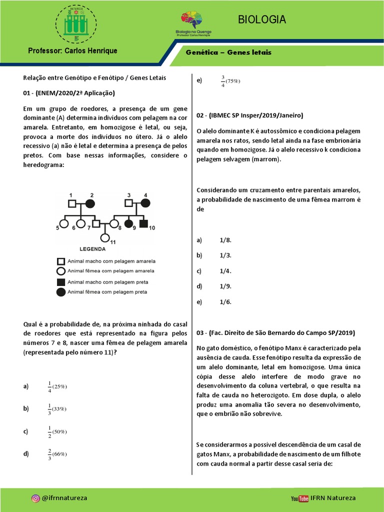 Genetica - Genes Letais | PDF | Alelo | Genótipo