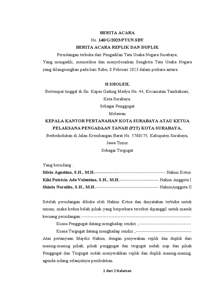 Sengketa TUN Surabaya: Replik & Duplik | PDF