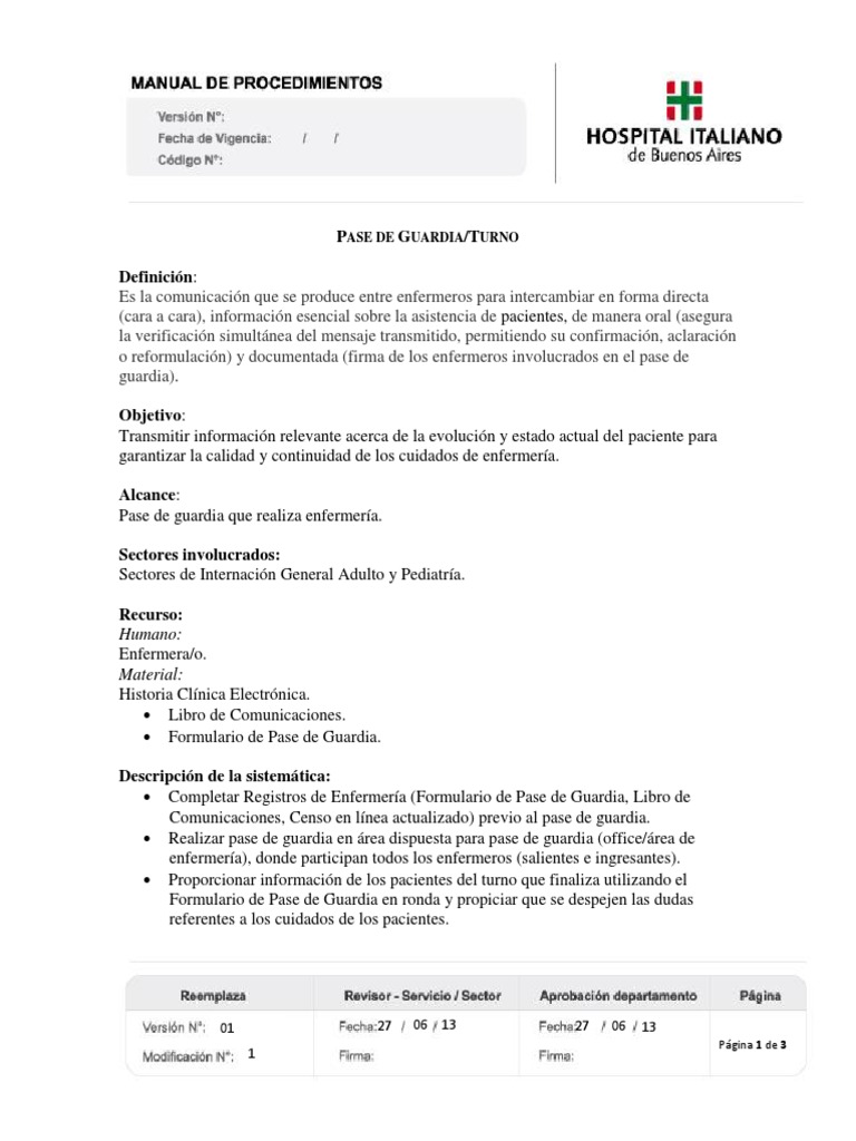 Pase de Guardia 1 | Descargar gratis PDF | Enfermería | Medicina