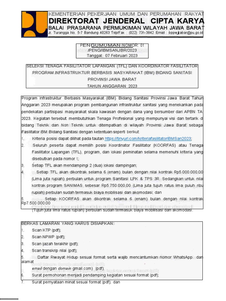 Pengumuman Rekrutmen Fasilitator IBM Sanitasi TA 2023 | PDF