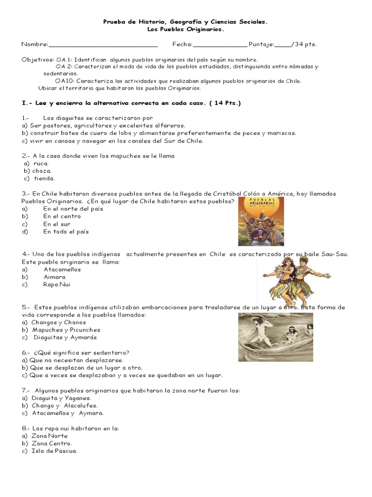 Prueba de Historia Los Pueblos Originarios 1 | Descargar gratis PDF | Gente indígena | Pueblos ...