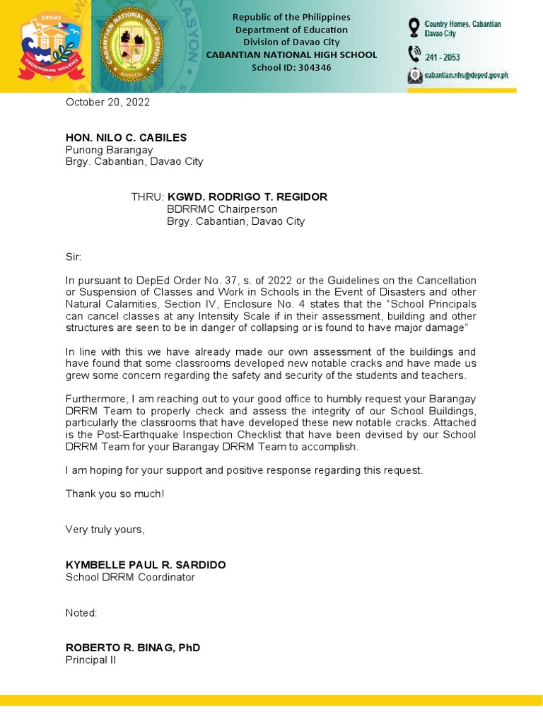 Bldg. Inspection and Assessment LETTER TO BRGY COUNCIL | PDF | Hazards ... Bldg. Inspection and Assessment LETTER TO BRGY COUNCIL | PDF | Hazards ...