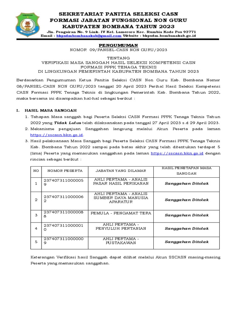 Pengumuman Pasca Sanggah Serta Pemberkasan Penetapan Ni PPPK Teknis 2023 Upload | PDF