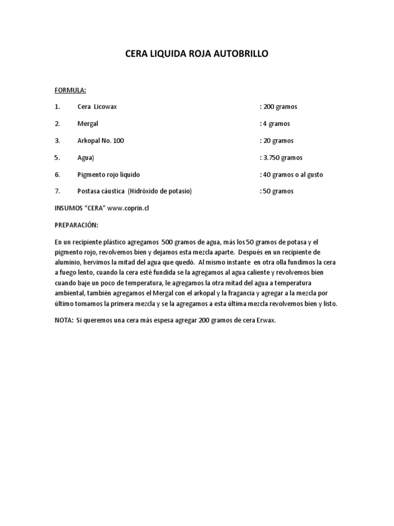 Fórmula Cera Líquida Roja Auto Brillo PDF | PDF