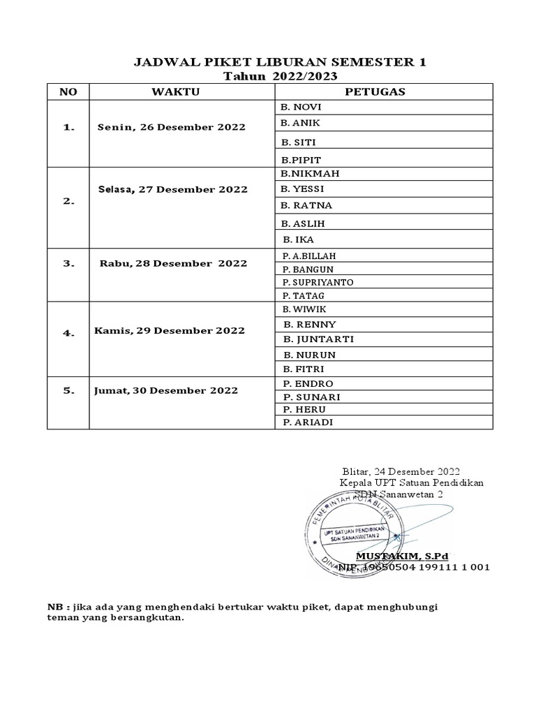 Jadwal Piket Liburan Semester 2 2022 | PDF