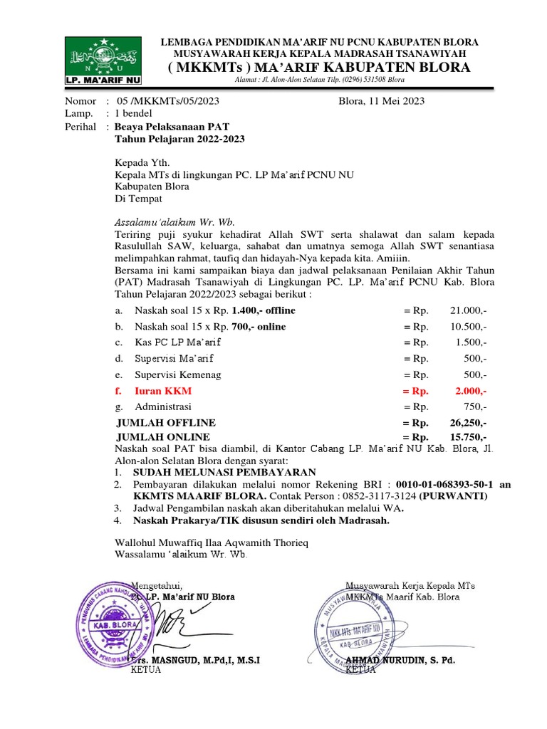 Edaran Biaya PAT-MTS - 2023 PDF | PDF