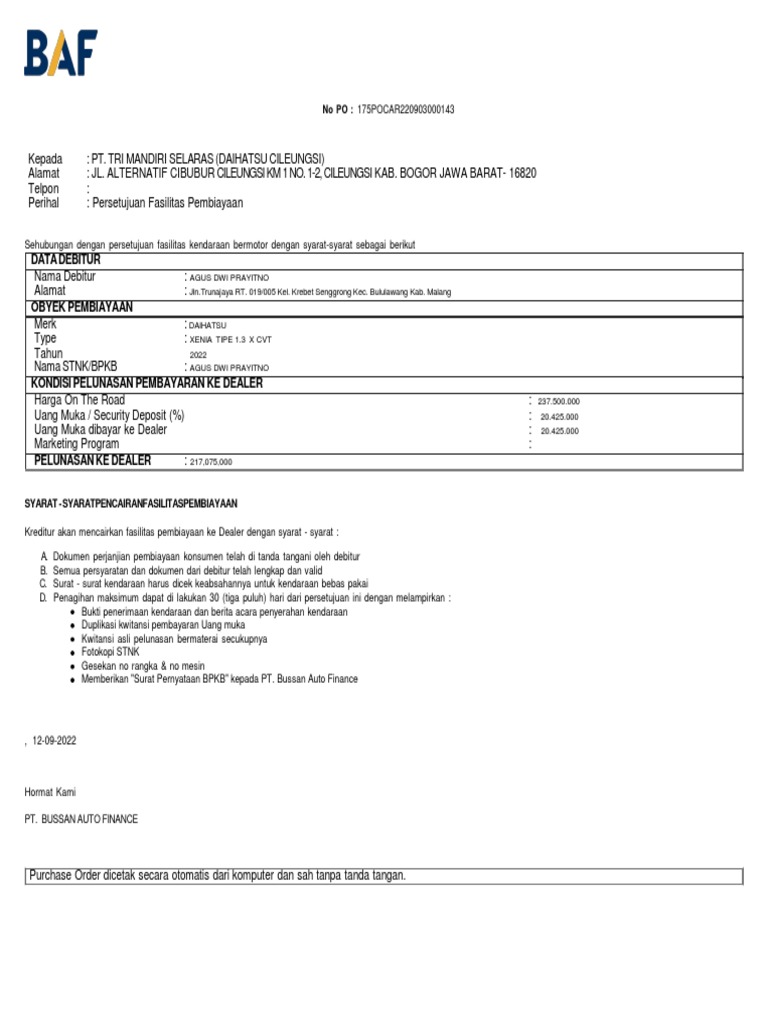 Po Daihatsu Xenia Agus Dwi Prayitno | PDF