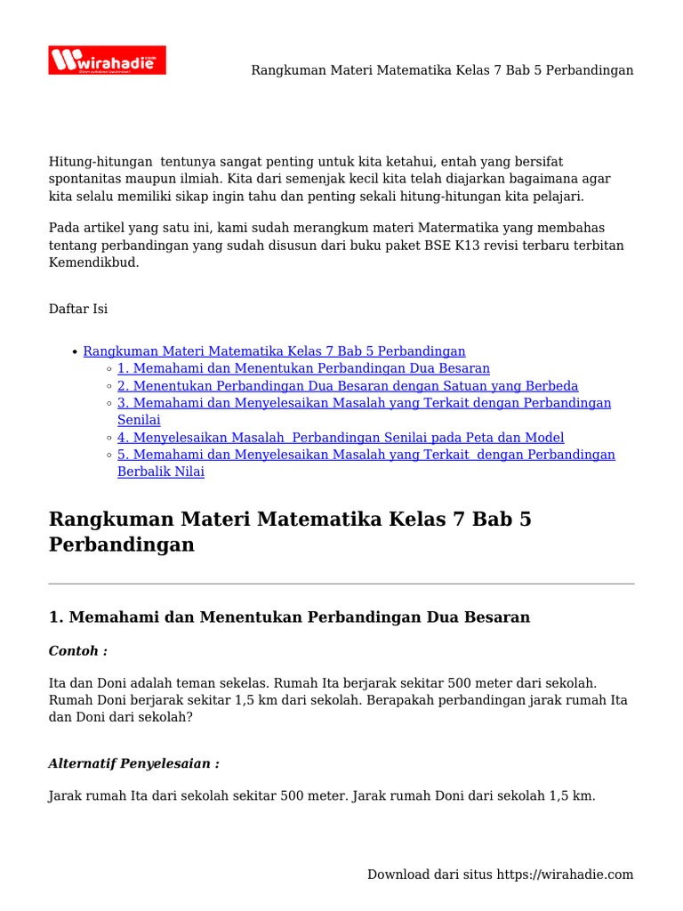 Rangkuman Materi Matematika Kelas 7 Bab 5 Perbandingan | PDF