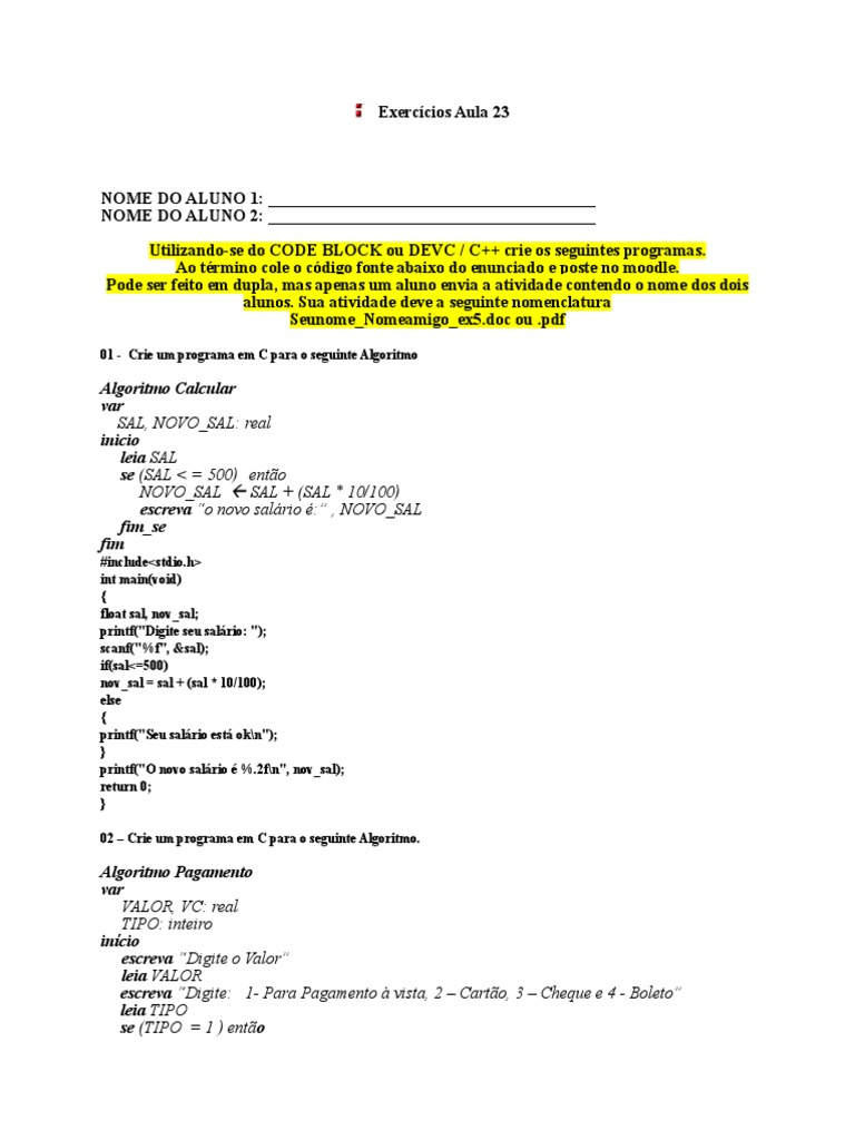 Aula 23 Exercícios 5 - Estrutura Condicional | PDF | Algoritmos ...