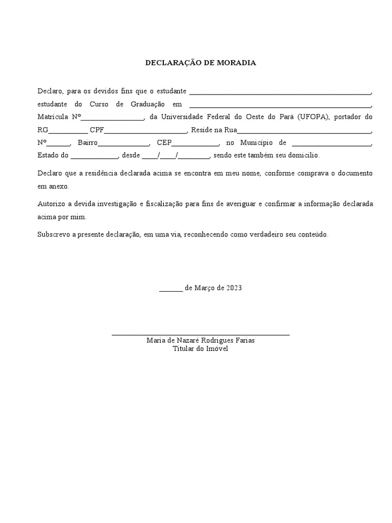 Declaração De Moradia Pdf