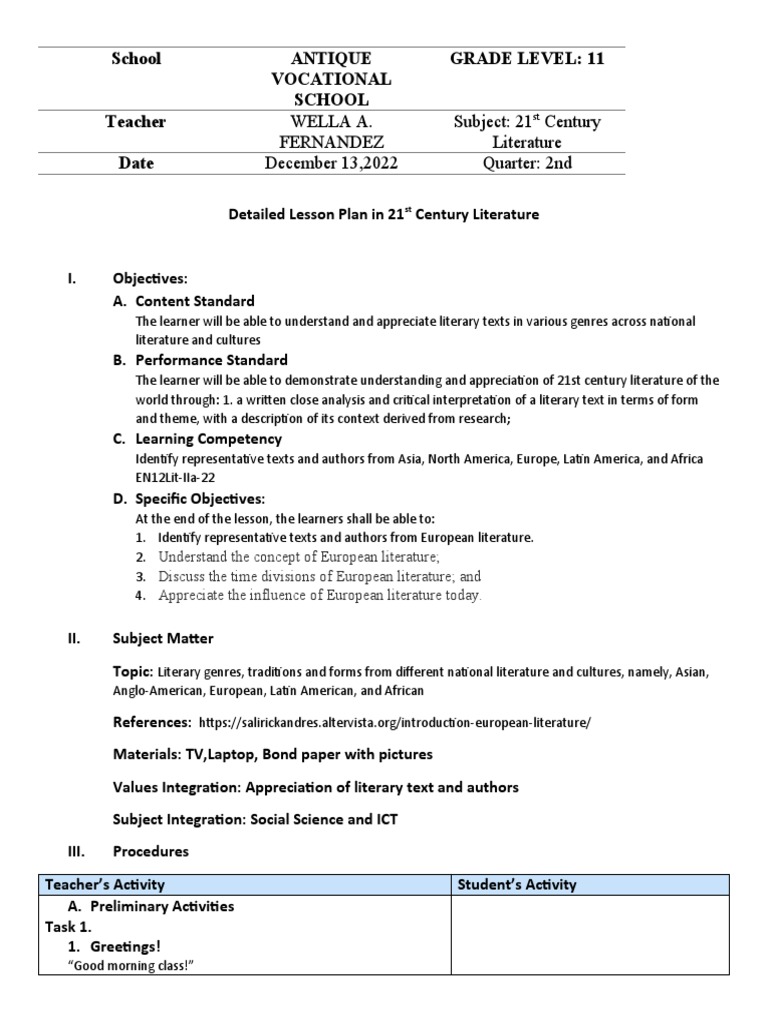 detailed Lesson plan 21st century | PDF | Epic Poetry | Middle Ages