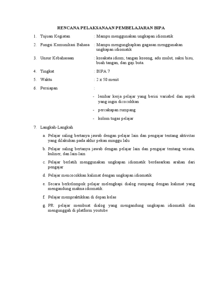 Rencana Pelaksanaan Pembelajaran Bipa | PDF