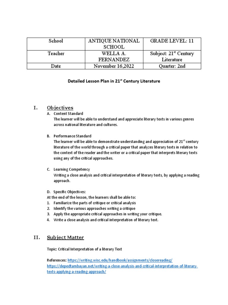 Detailed Lesson Plan: 21st Century Literature | PDF | Gender | Gender ...