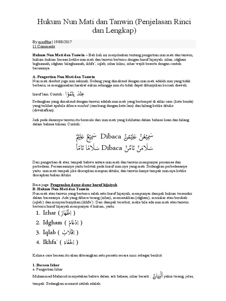 0000 Hukum Nun Mati Dan Tanwin (Penjelasan Rinci Dan Lengkap) | PDF