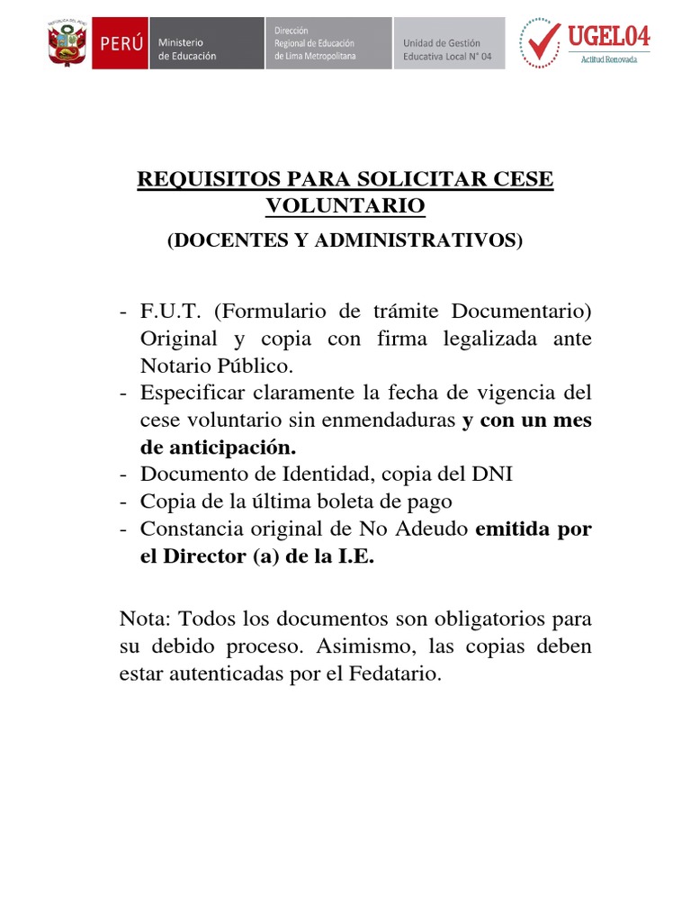 Requisitos para Solicitar Cese Voluntario: (Docentes Y Administrativos ...