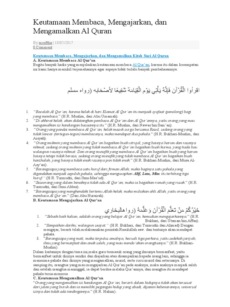Keutamaan Membaca, Mengajarkan, Dan Mengamalkan Al Quran | PDF | Agama & Spiritualitas