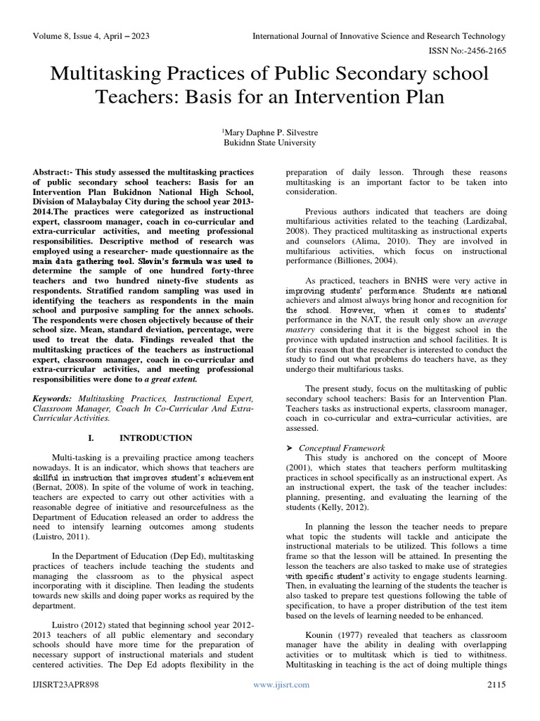 Multitasking Practices of Public Secondary School Teachers Basis For An ...