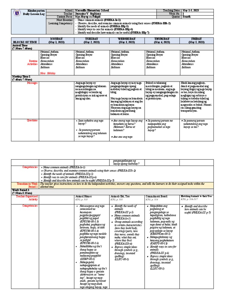 Kindergarten-DLL-MELC-Q4-Week 1 Asf | PDF