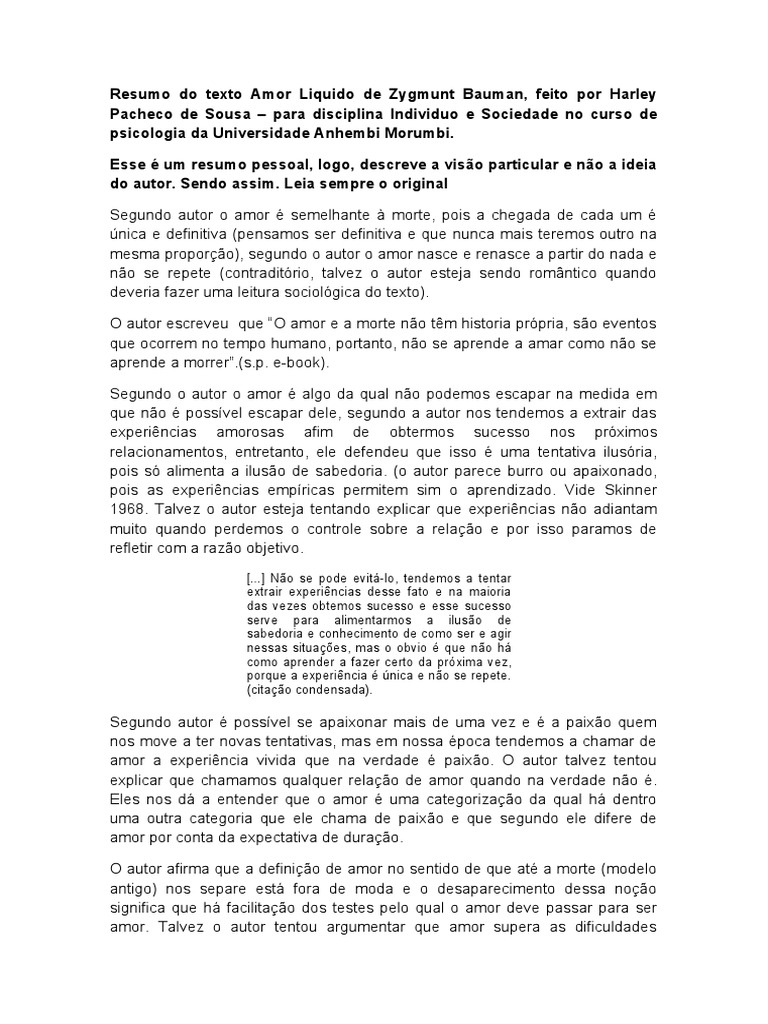 Analise e Resumo Da Obra "Amor Liquido de Zygmunt Bauman" | PDF