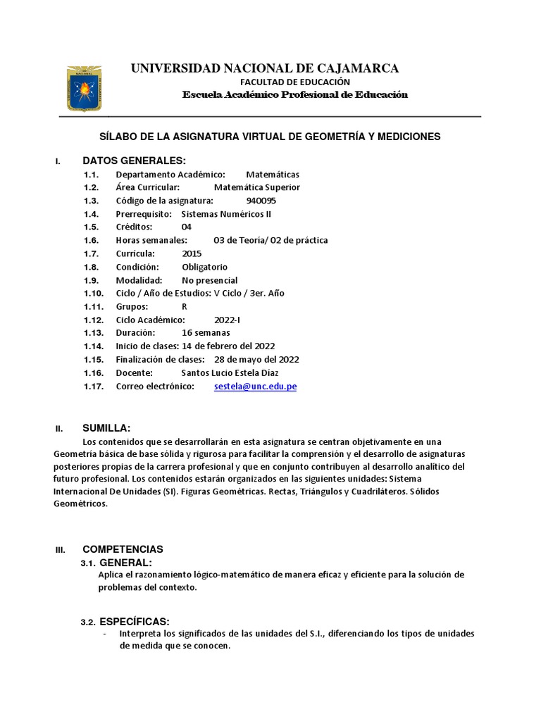 Silabo de Virtual de Geo y Mediciones 2022 PDF | PDF | Evaluación | Geometría