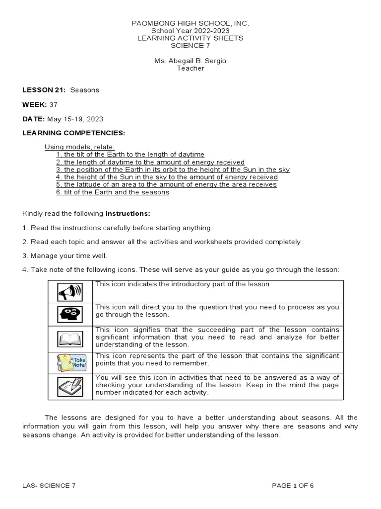 Qy7e7wa6t - Week 37 - Science 7 Approved APG | PDF | Earth | Sun