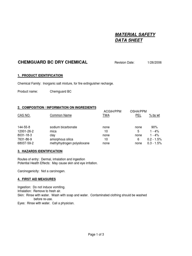 Chemguard BC Dry Chemical: Material Safety Data Sheet | PDF | Water ...