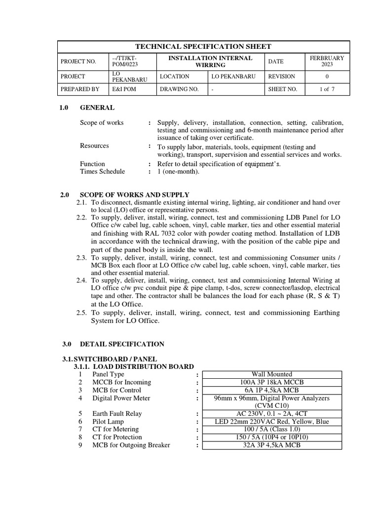 Specification - Internal Wirring LO Pekanbaru | PDF | Electrical Wiring ...