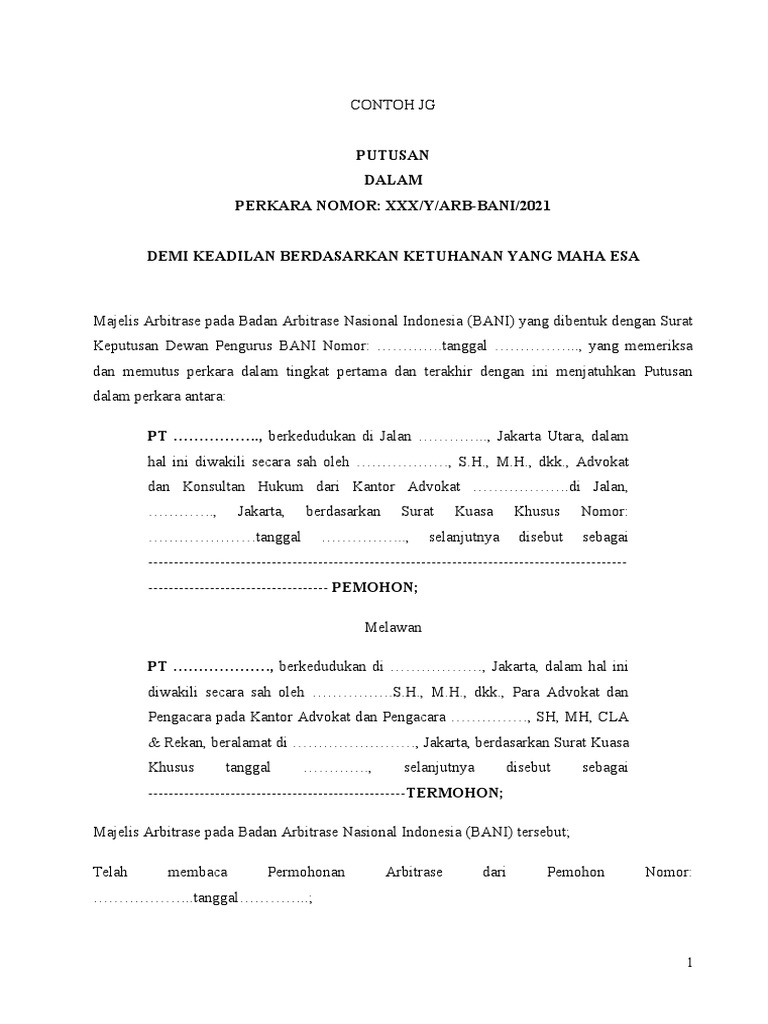 Template Putusan Arbitrase 2021 JG. VS | PDF
