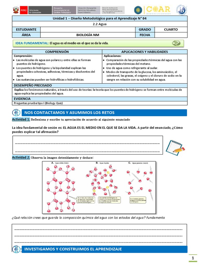 Propiedades del agua y sus funciones biológicas | PDF | Propiedades del agua | Enlace covalente