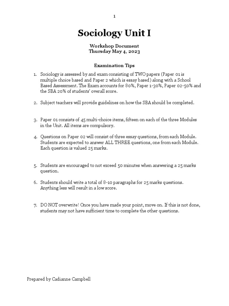 May 4 Sociology Unit 1 Essay Questions For The Workshop | PDF ...