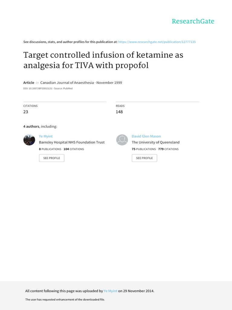 Target Controlled Infusion of Ketamine As Analgesia For Tiva With Propofol PDF | PDF
