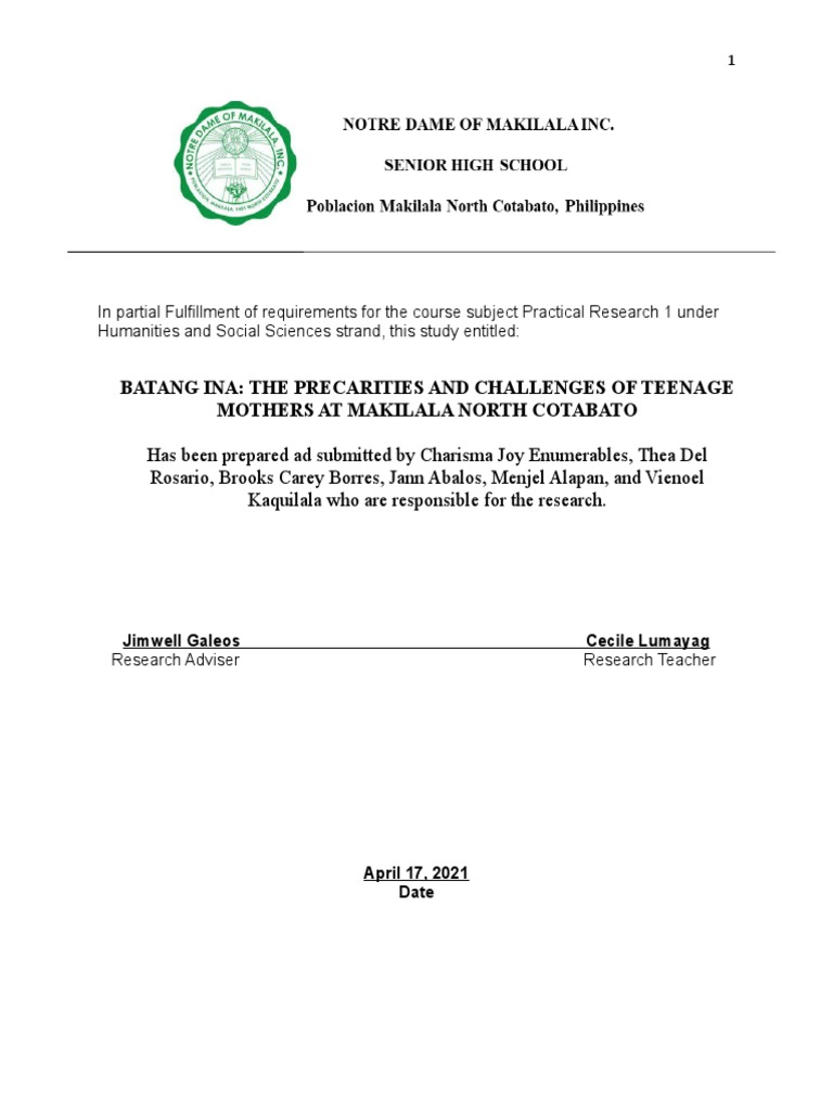 BATANG INA The Precarities and Struggles of Teenage Mothers at Makilala ...