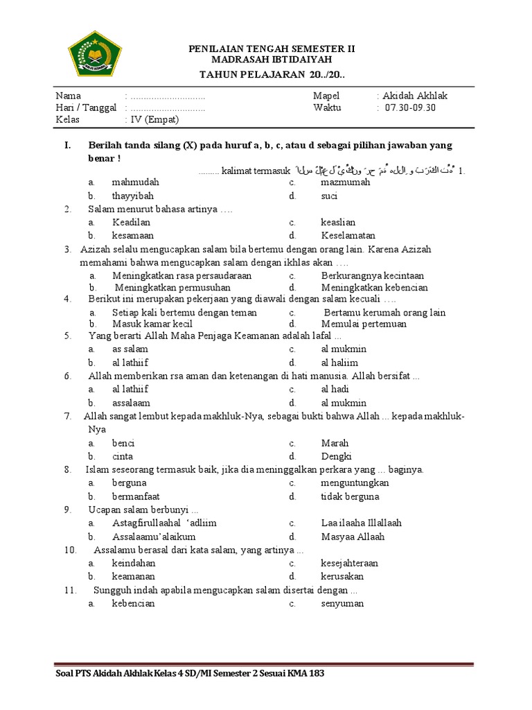 Soal Pts Akidah Akhlak Kls 4 Semester 2 | PDF