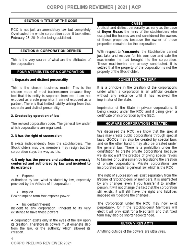 Prelims Reviewer Corpo Momo Eats Et - Al 1 1 | PDF | Corporations | Stocks