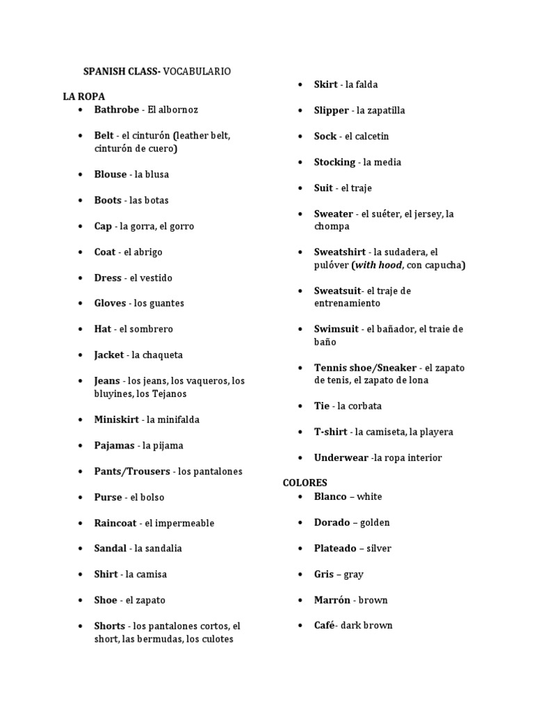 Spanish Vocabulario | PDF