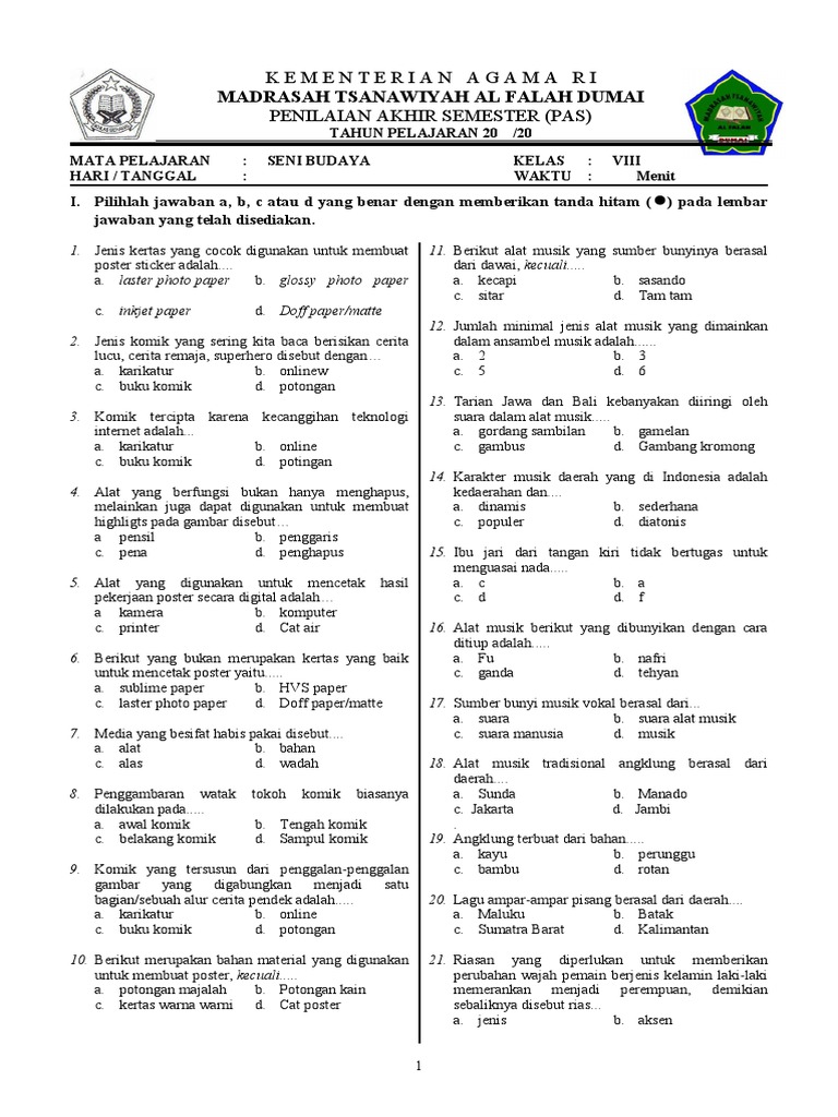 Soal PAS Seni Budaya Kelas VIII | PDF