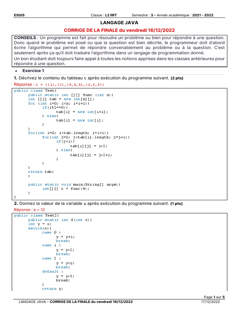 Langage Java - Finale - Corrige PDF | PDF | Programmation informatique | Langage de programmation