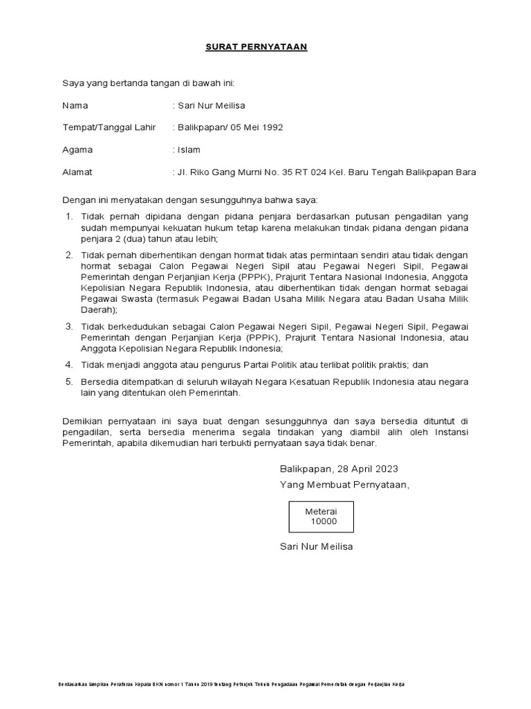 Format Surat Pernyataan PPPK | PDF
