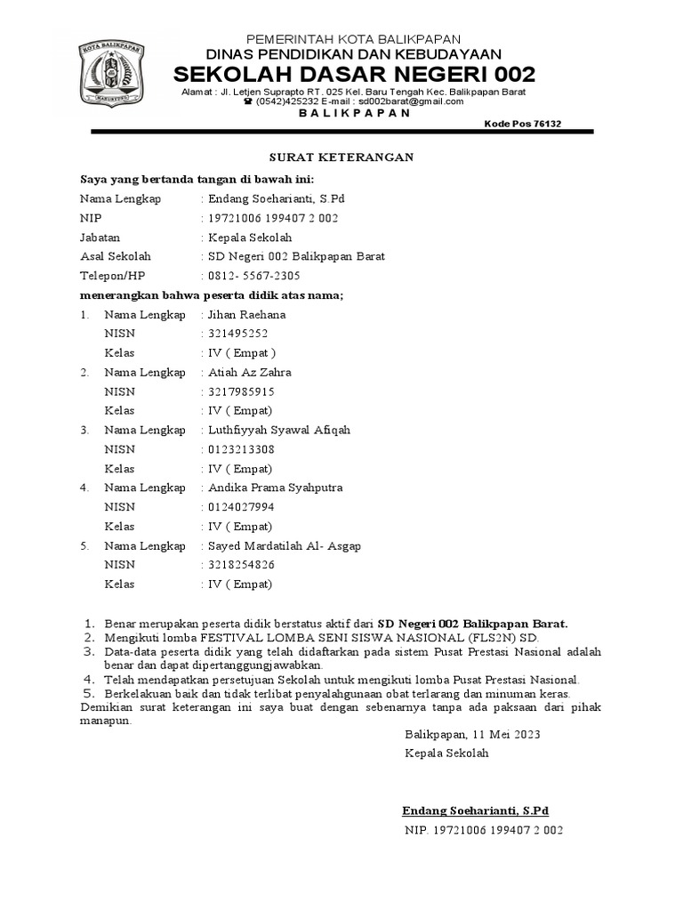 Surat Keterangan Dan Pernyataan FLS2N | PDF