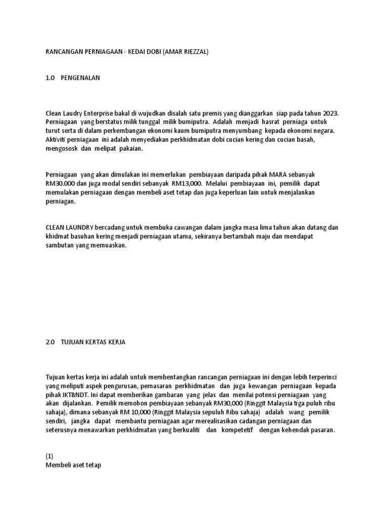 Rancangan Perniagaan Kedai Dobi Nazrul A | PDF | Pengelolaan Keuangan & Uang