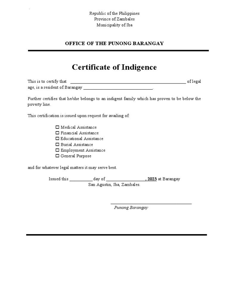 Barangay Indigency Form | PDF