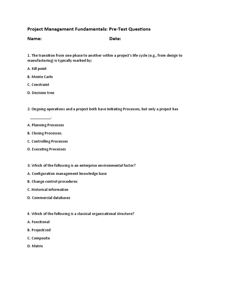 Project Fundamentas Pre Test Questions | PDF | Project Management ...