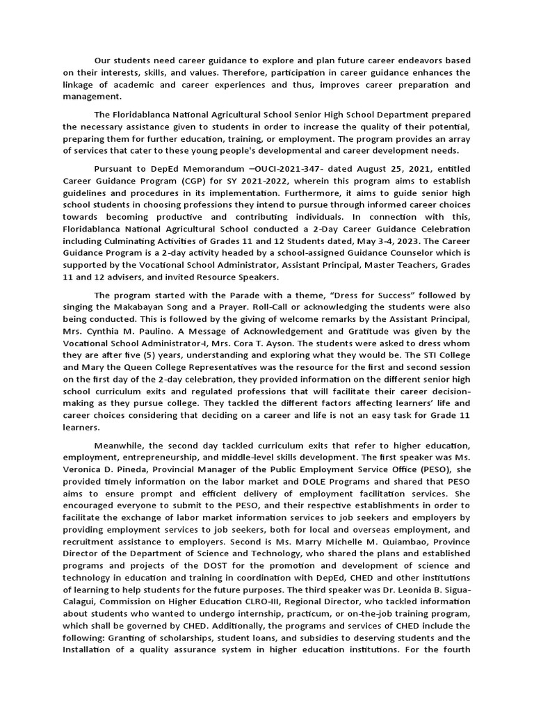 Narrative Report-Career Guidance Week | Download Free PDF | Vocational ... Narrative Report-Career Guidance Week | Download Free PDF | Vocational ...