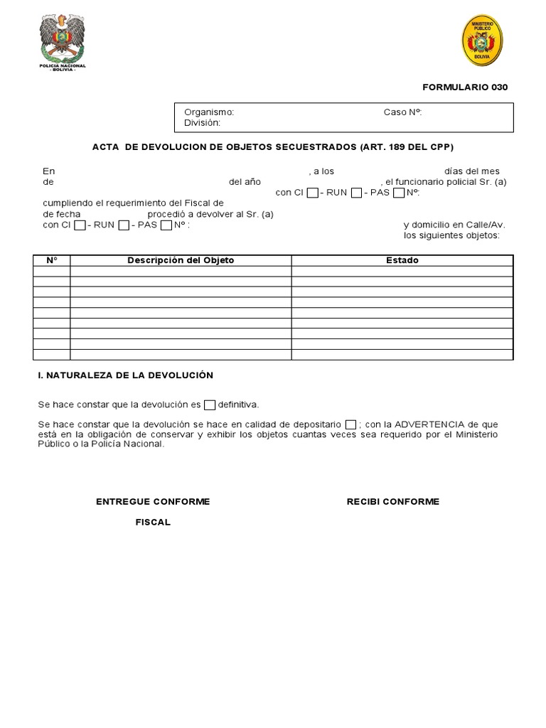 Acta de Devolucion de Objetos Secuestrados | PDF