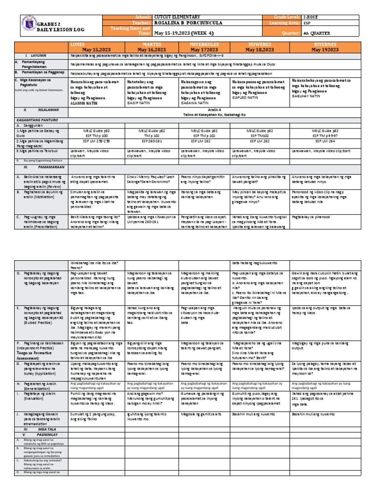DLL All SUBJECTS-G2 Q4 WEEK 4 | PDF