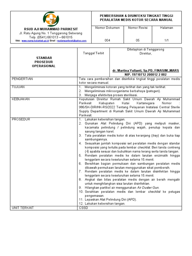 Spo Pembersihan Dan Disinfeksi Tingkat Tinggi Peralatan Medis Kotor Secara Manual | PDF